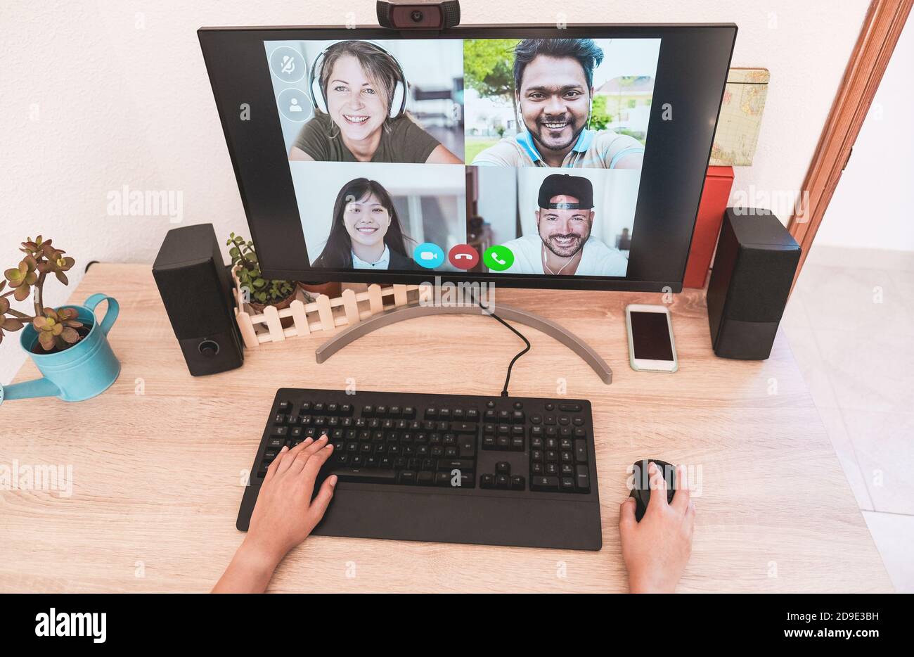 Woman teacher having a video call with multiracial students during ...