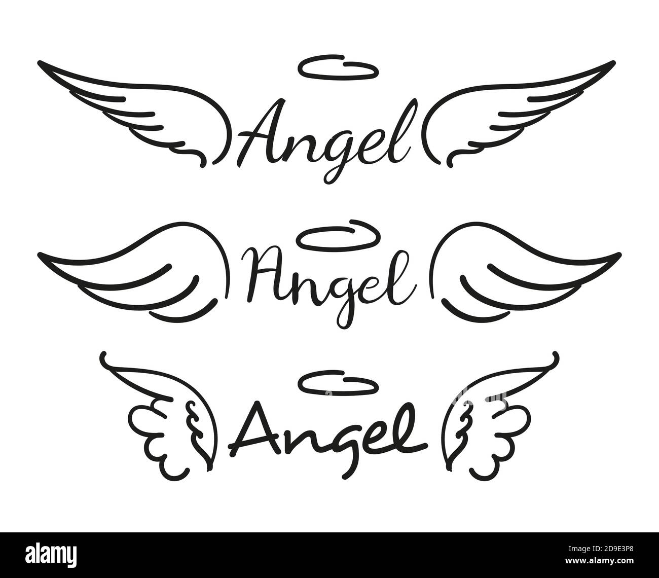 Angels wings with halo. Hand drawn vector feather angel. Handdrawn ...