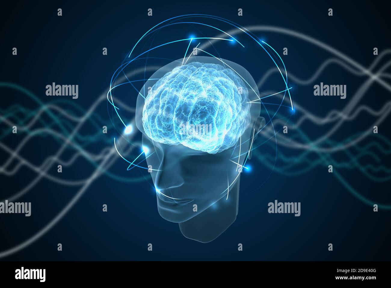 Consciousness, metaphysics or artificial intelligence concept. Waves go ...