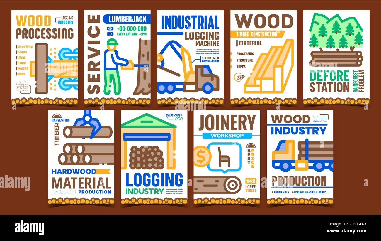 Logging Industry Creative Promo Posters Set Vector Stock Vector Image ...
