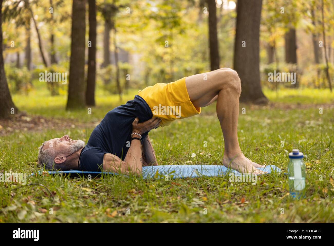 Fit bearded man training alone in forest Stock Photo - Alamy