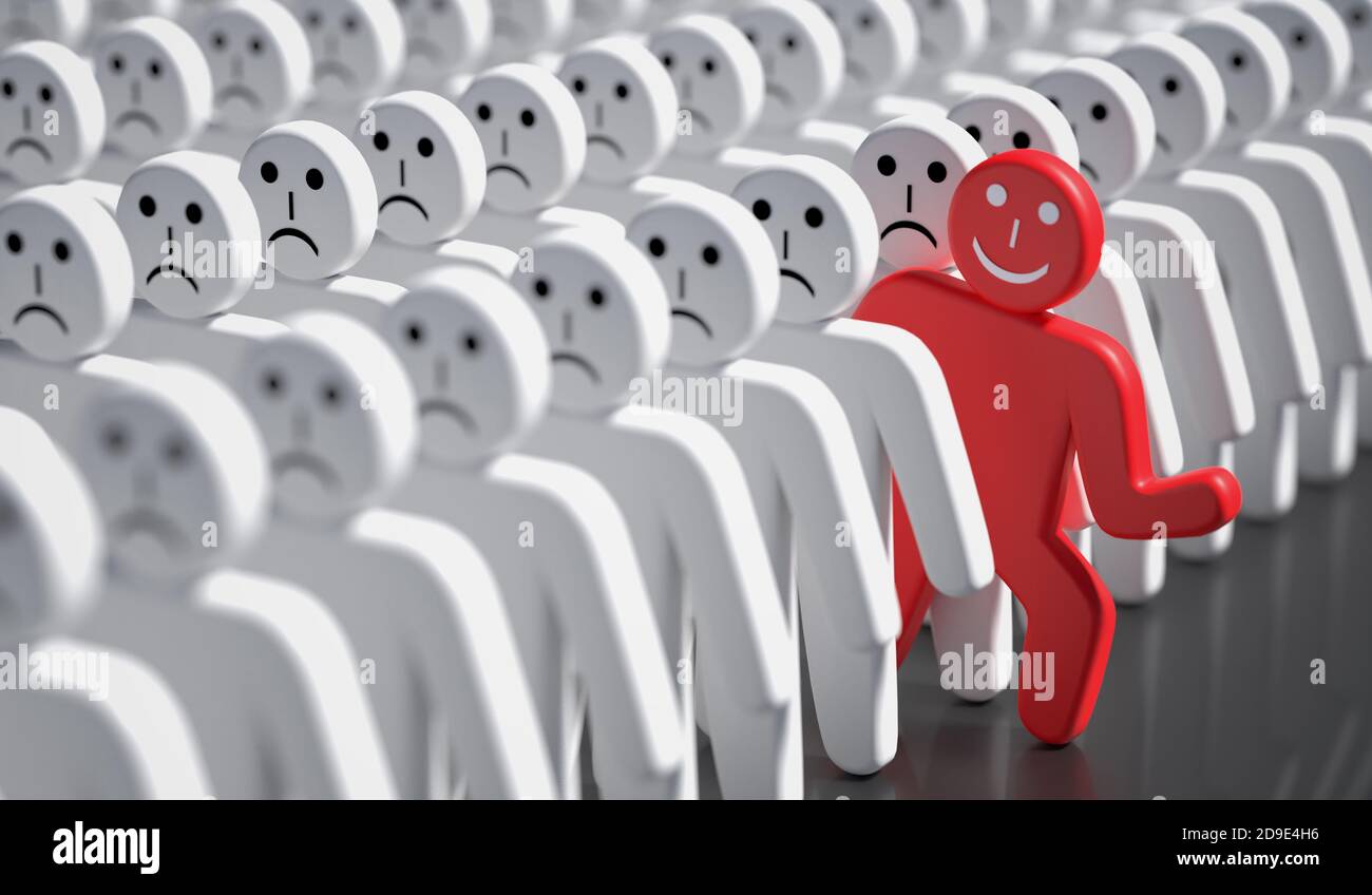 One happy man is out of crowd of many sad people. 3D rendered ...