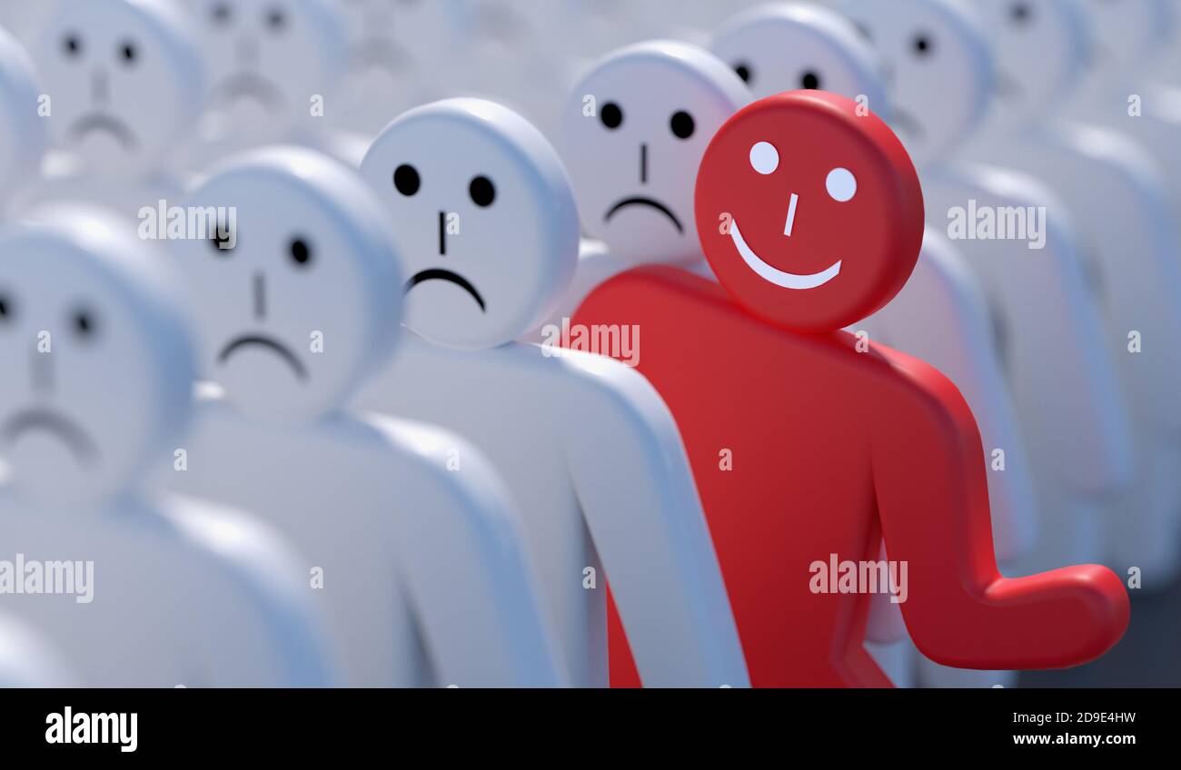 One happy man is out of crowd of many sad people. 3D rendered ...