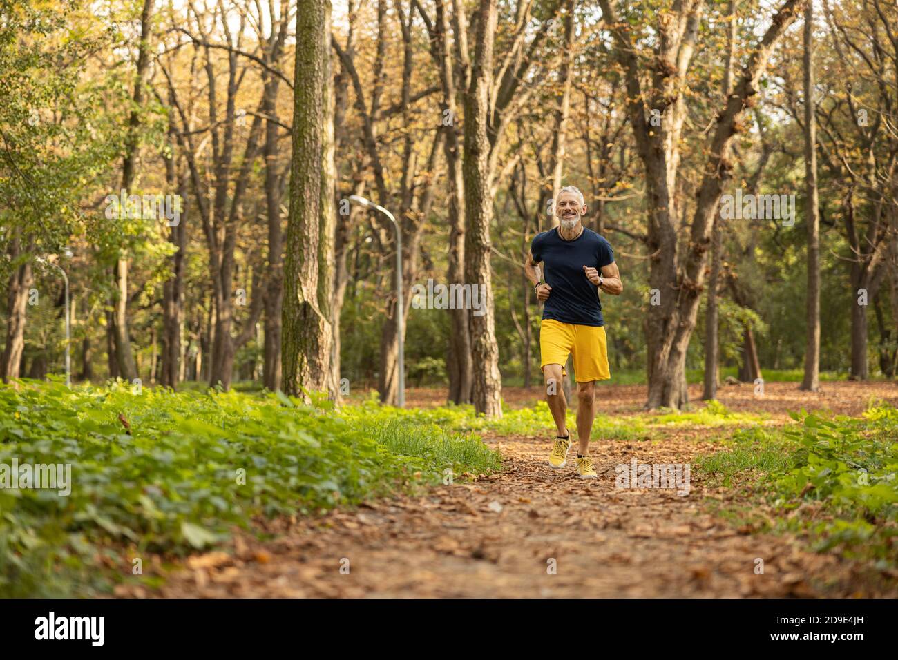 Jolly bearded male going jogging in wood Stock Photo - Alamy