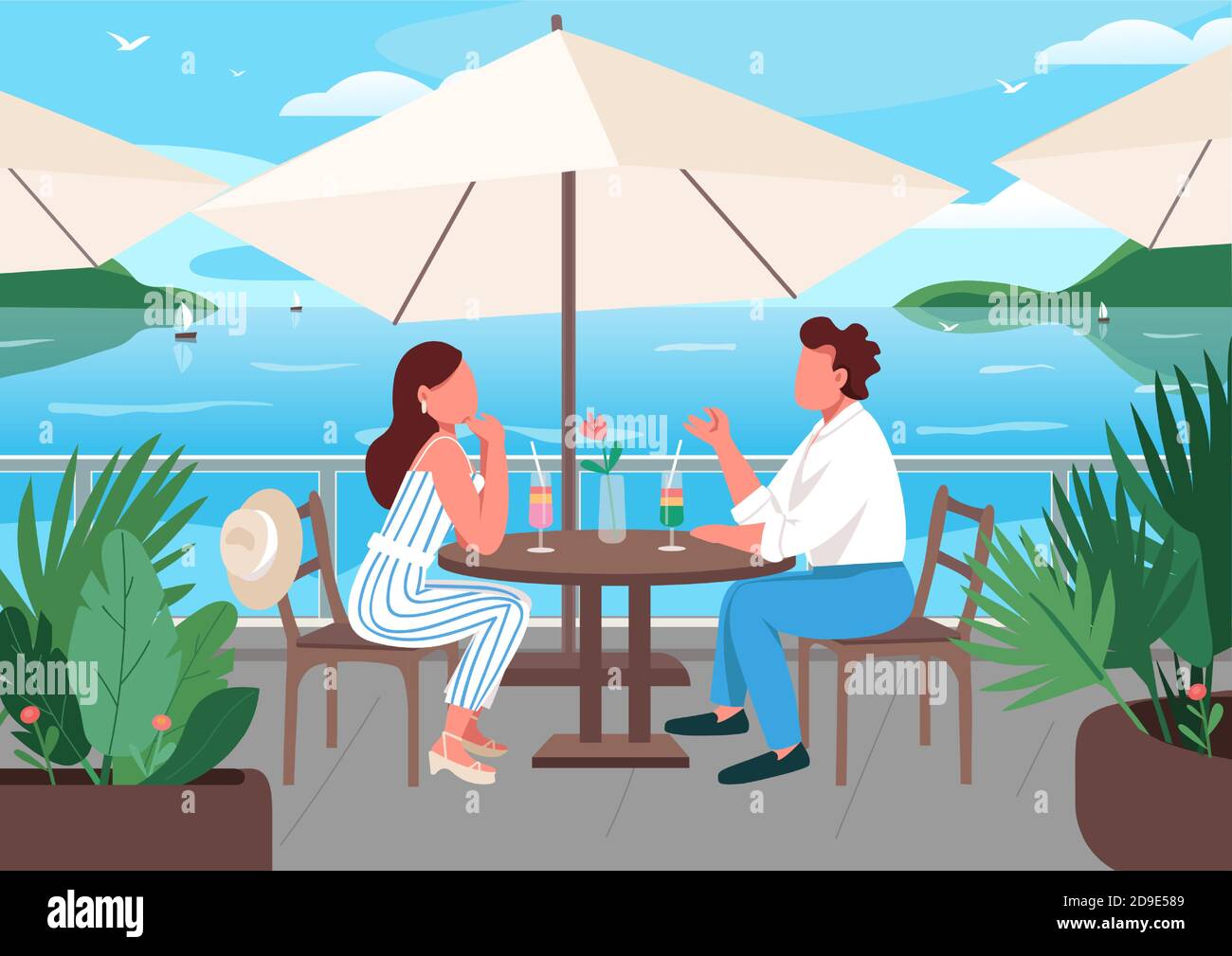 Friends having breakfast in seaside resort cafe flat color vector illustration Stock Vector ...