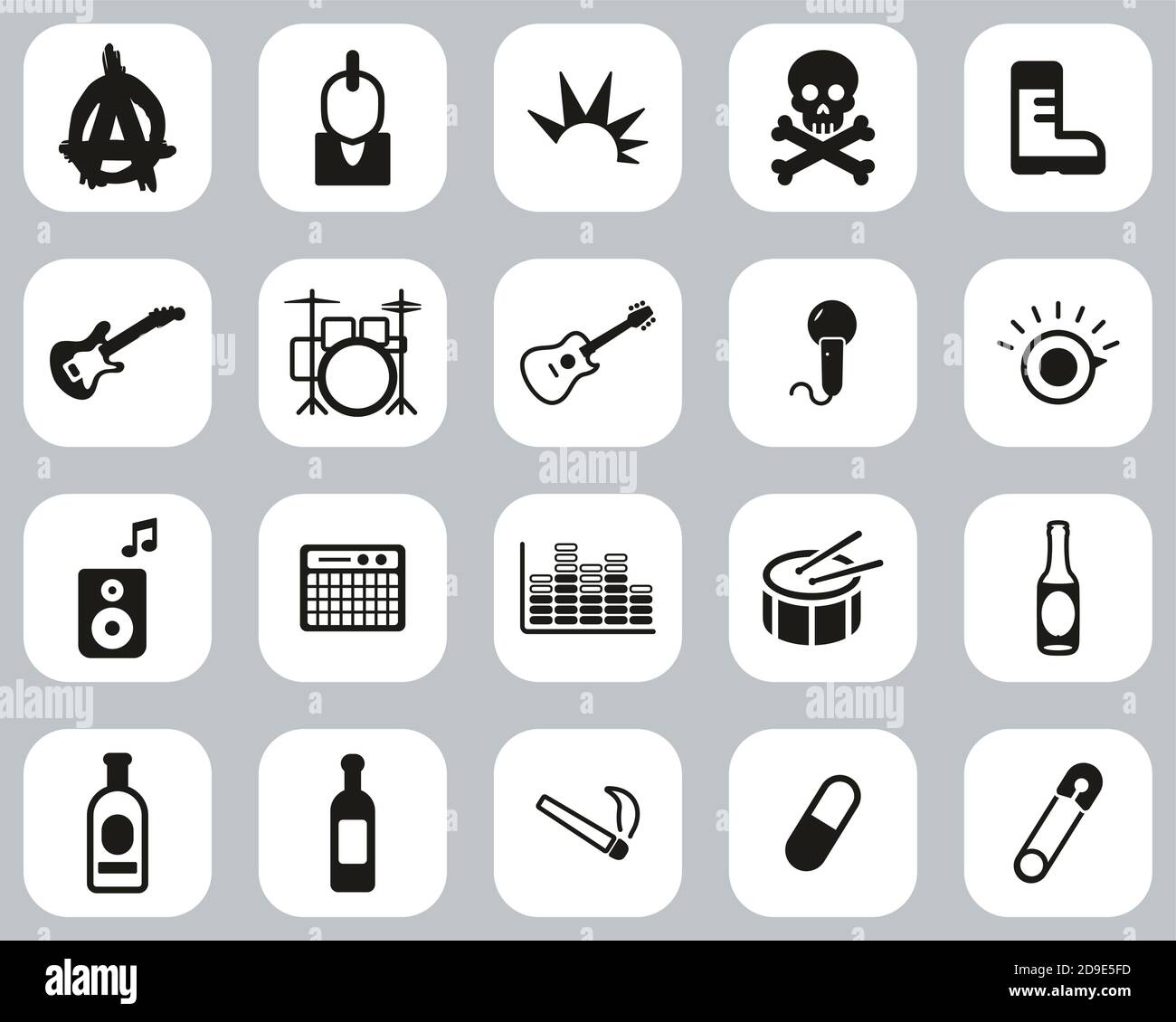 Punk Music & Culture Icons Black & White Flat Design Set Big Stock ...
