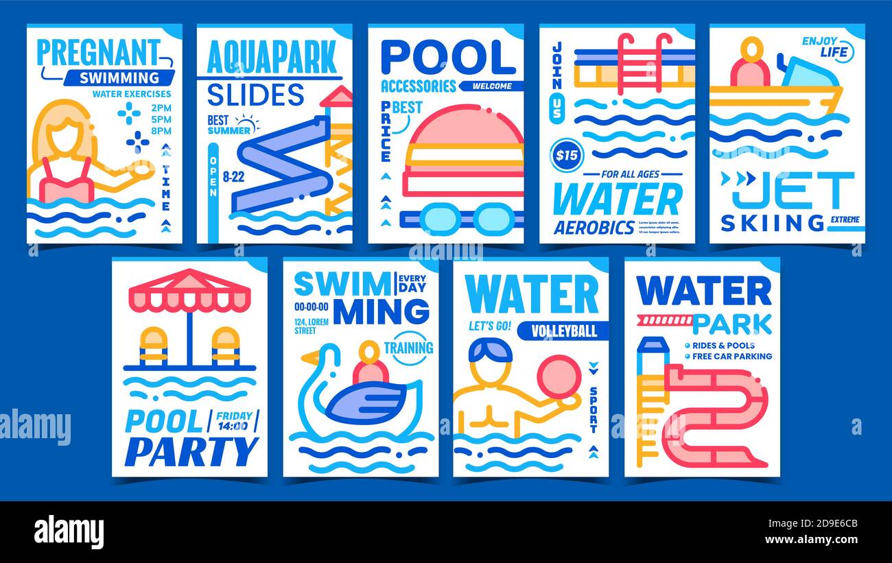 Water Park Creative Promotional Posters Set Vector Stock Vector Image ...