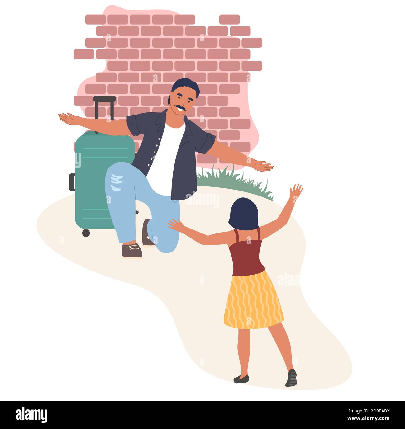 Happy couple greeting each other with open arms, flat vector ...