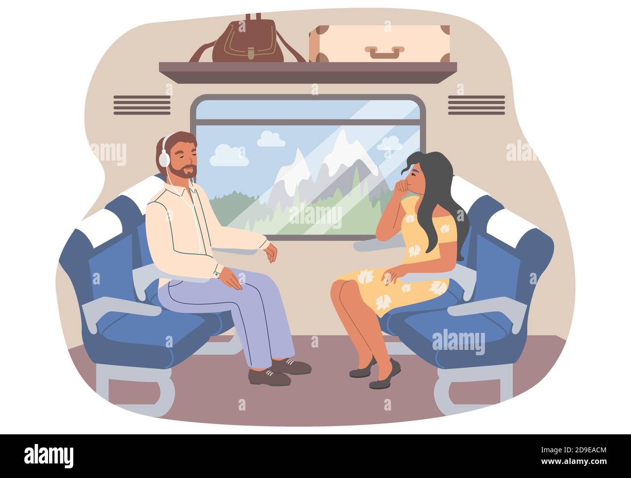 Passengers traveling by train, flat vector illustration. Railroad ...