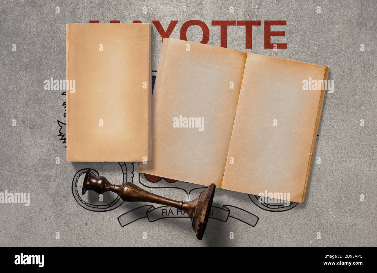 Mayotte vintage historical concept. Retro craft papers and old wooden ...