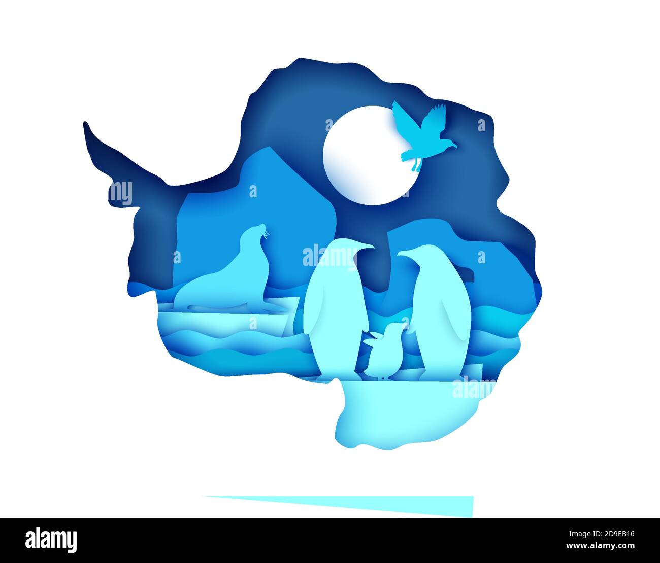 Mainland Antarctica map with wildlife, vector illustration in paper art ...