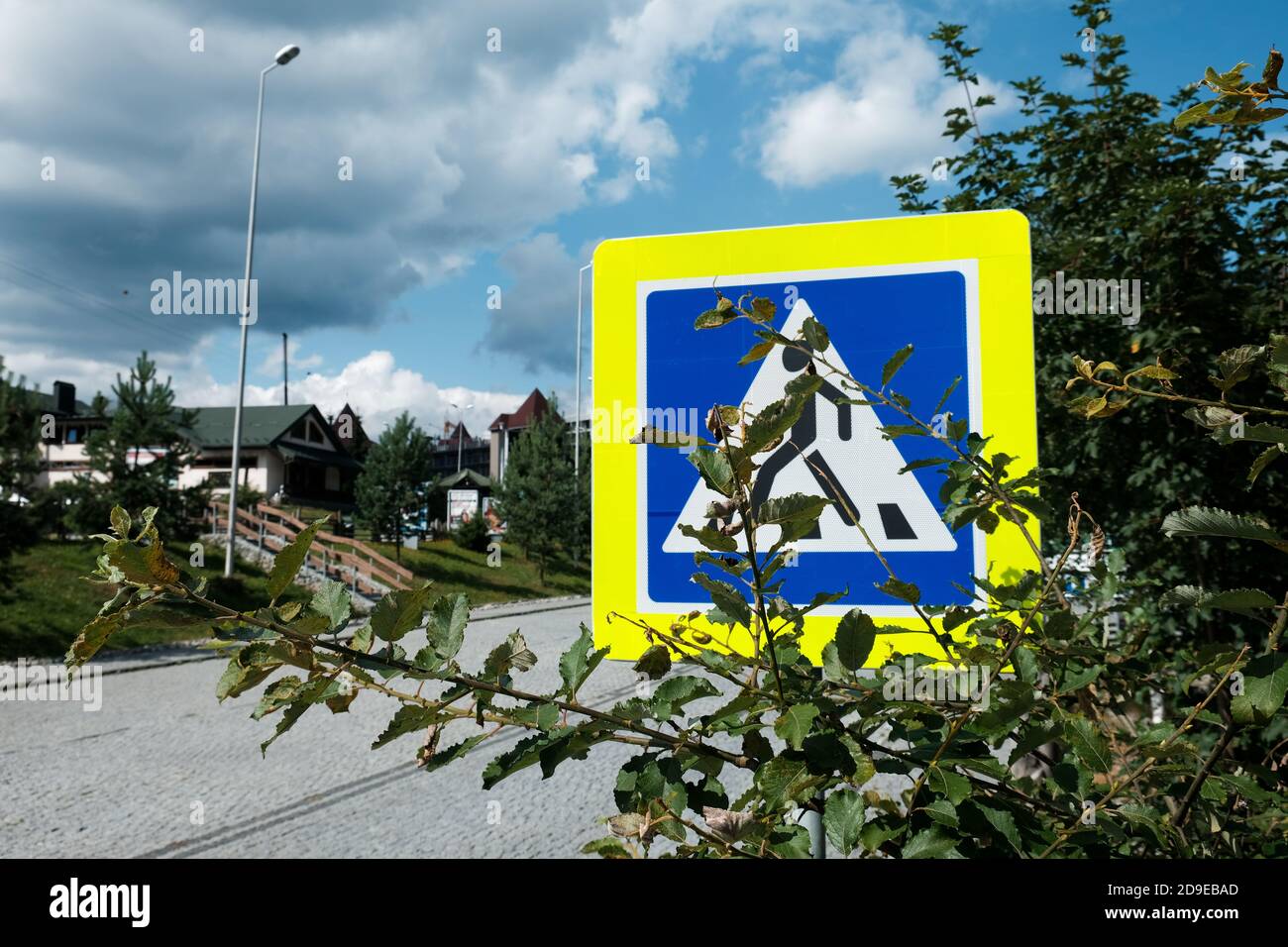 Warning sign: danger on the road. Crossway for pedestrians to walk ...