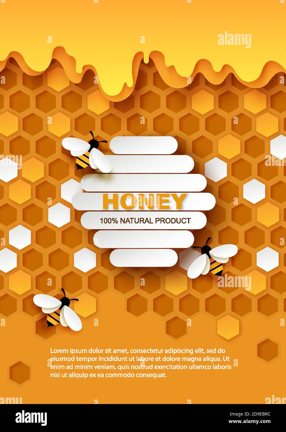 Honey vector poster template. Paper cut craft style honeycombs with flowing sweet organic honey ...
