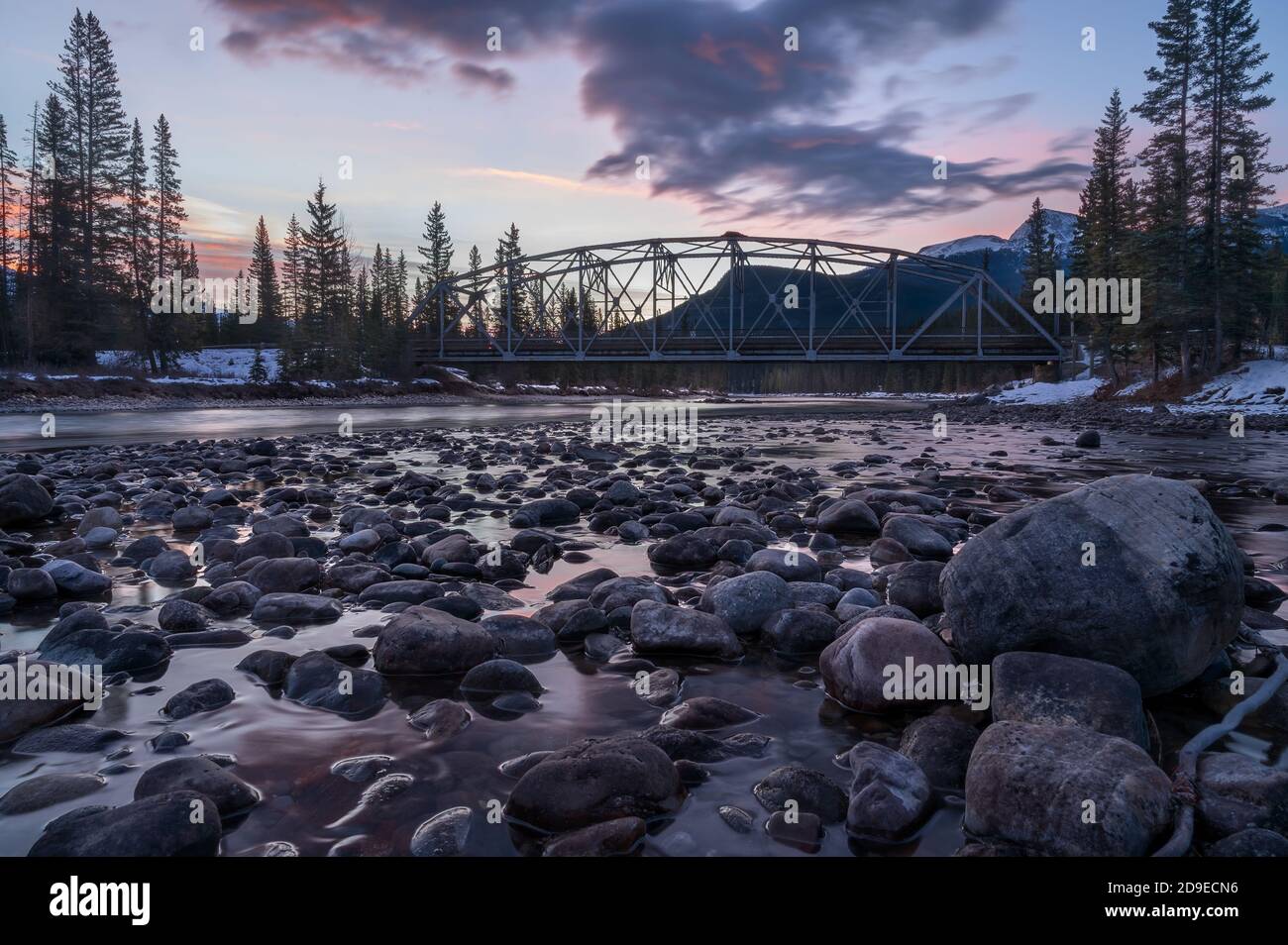Highway bridge over the Bow River at Castle Junction in Banff National ...