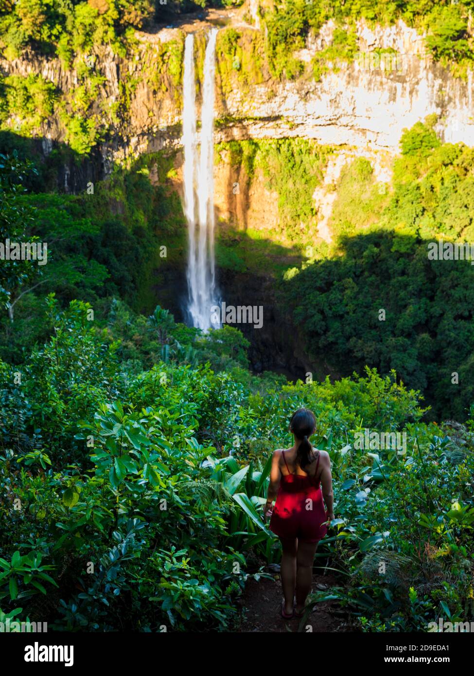 Aerial view of Chamarel Waterfall in tropical jungle of Mauritius Stock ...