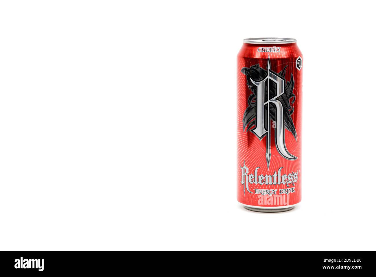 London, United Kingdom, 14th October 2020:- A Can of Relentless Cherry ...