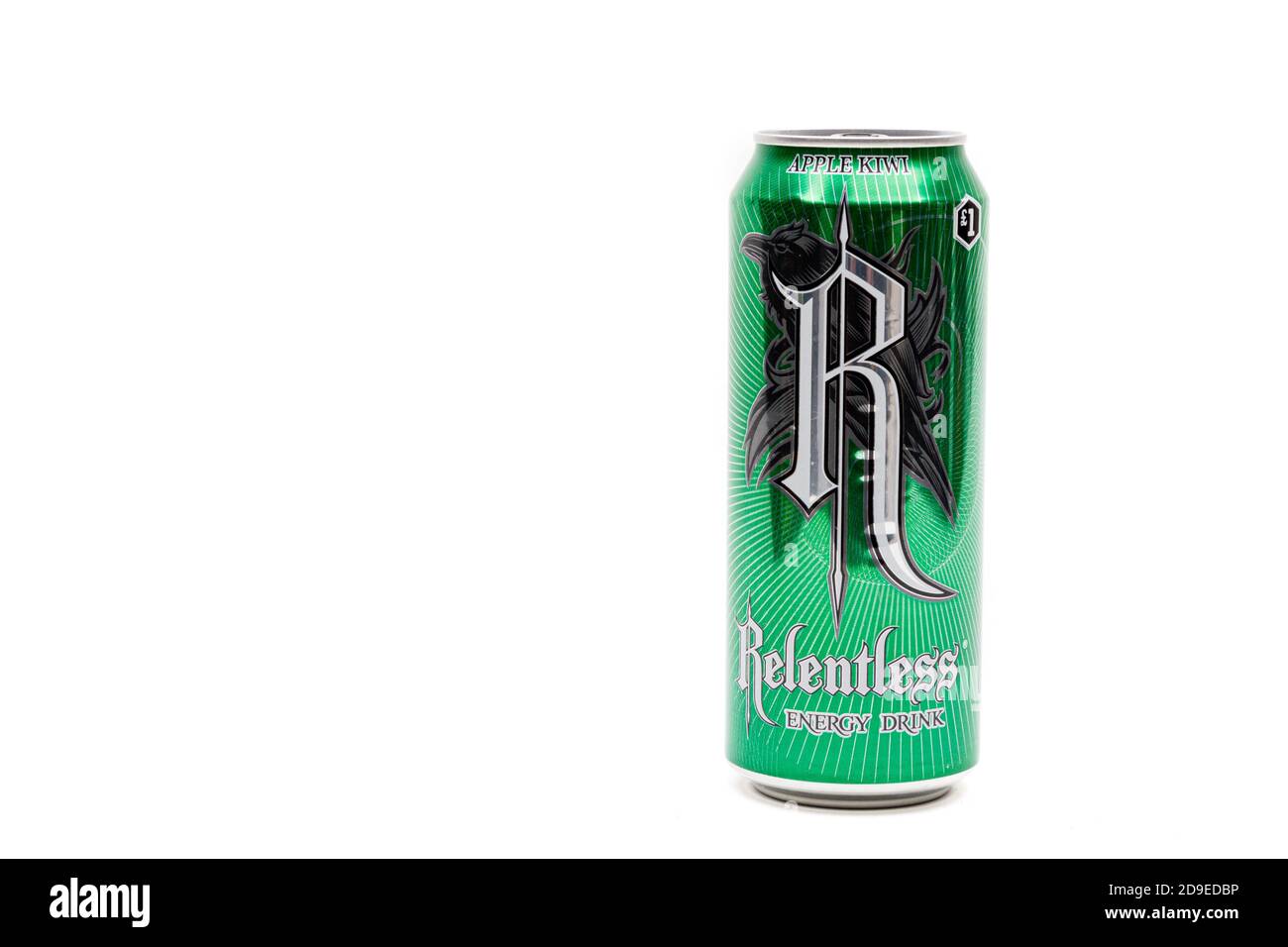 London, United Kingdom, 14th October 2020:- A Can of Relentless Apple Kiwi Energy Drink Isolated ...
