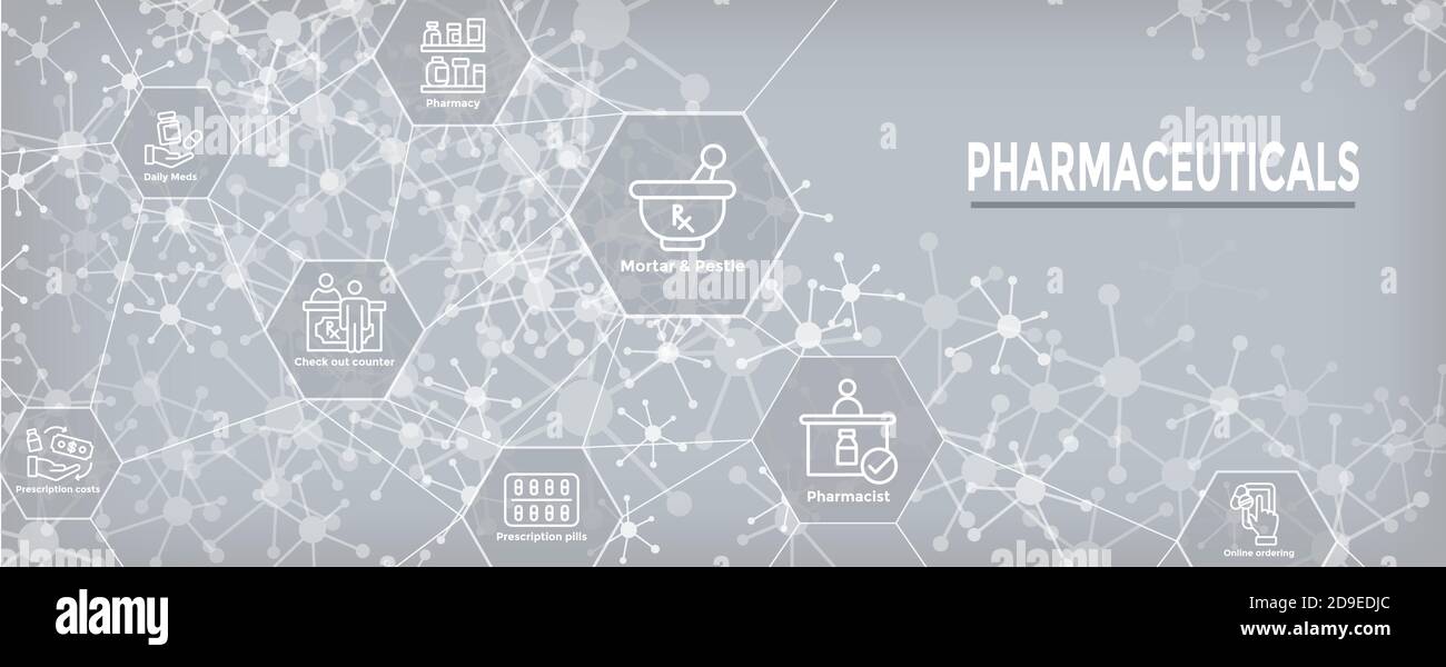 Pharmaceuticals & medications icon set with web header banner Stock ...