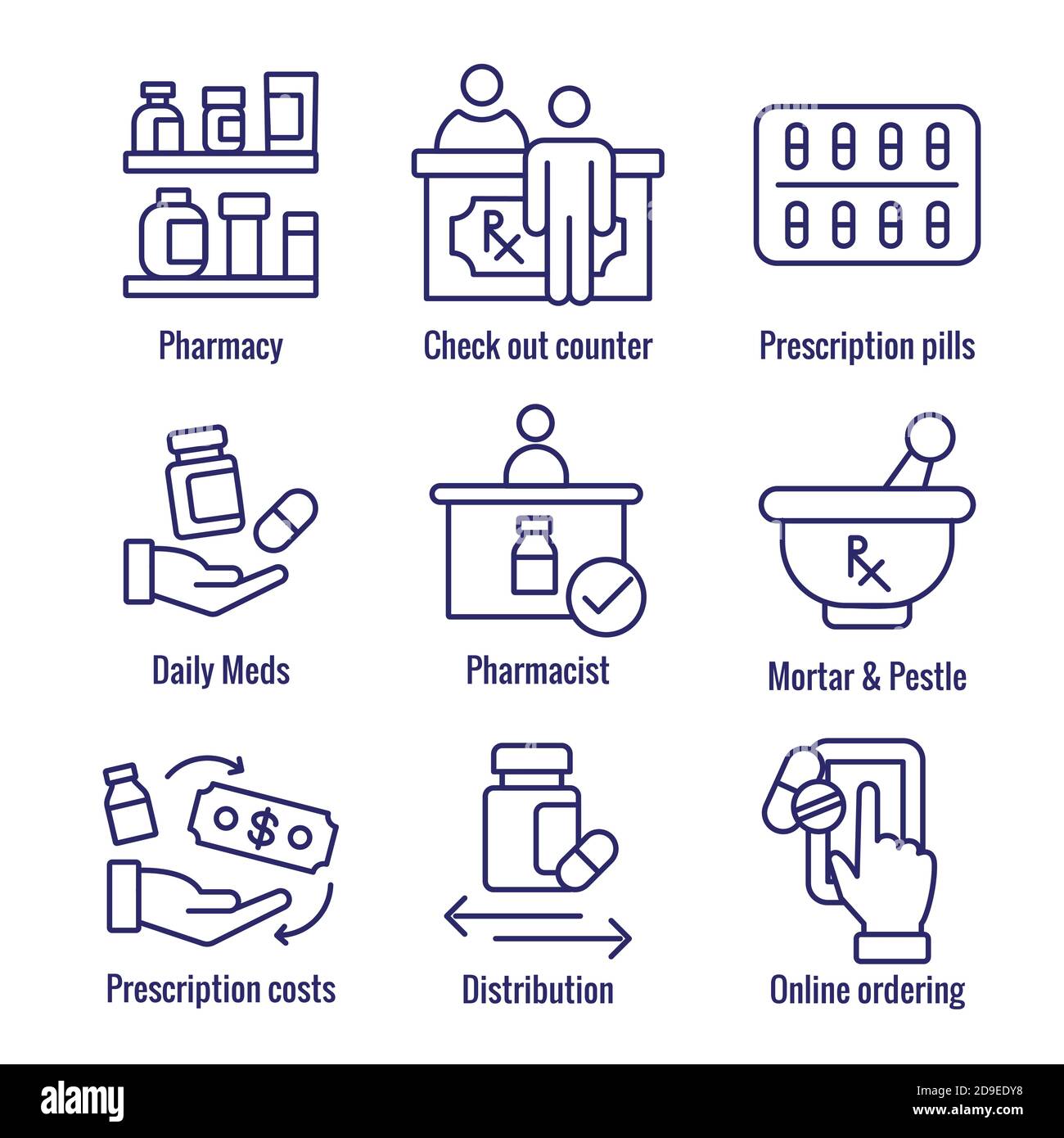 Pharmaceuticals, medication icon set with mortar and pestle, pharmacy ...