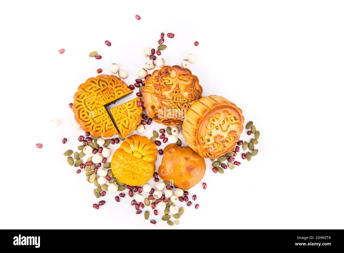 Mid Autumn festival Chinese mooncake with ingredients on white ...
