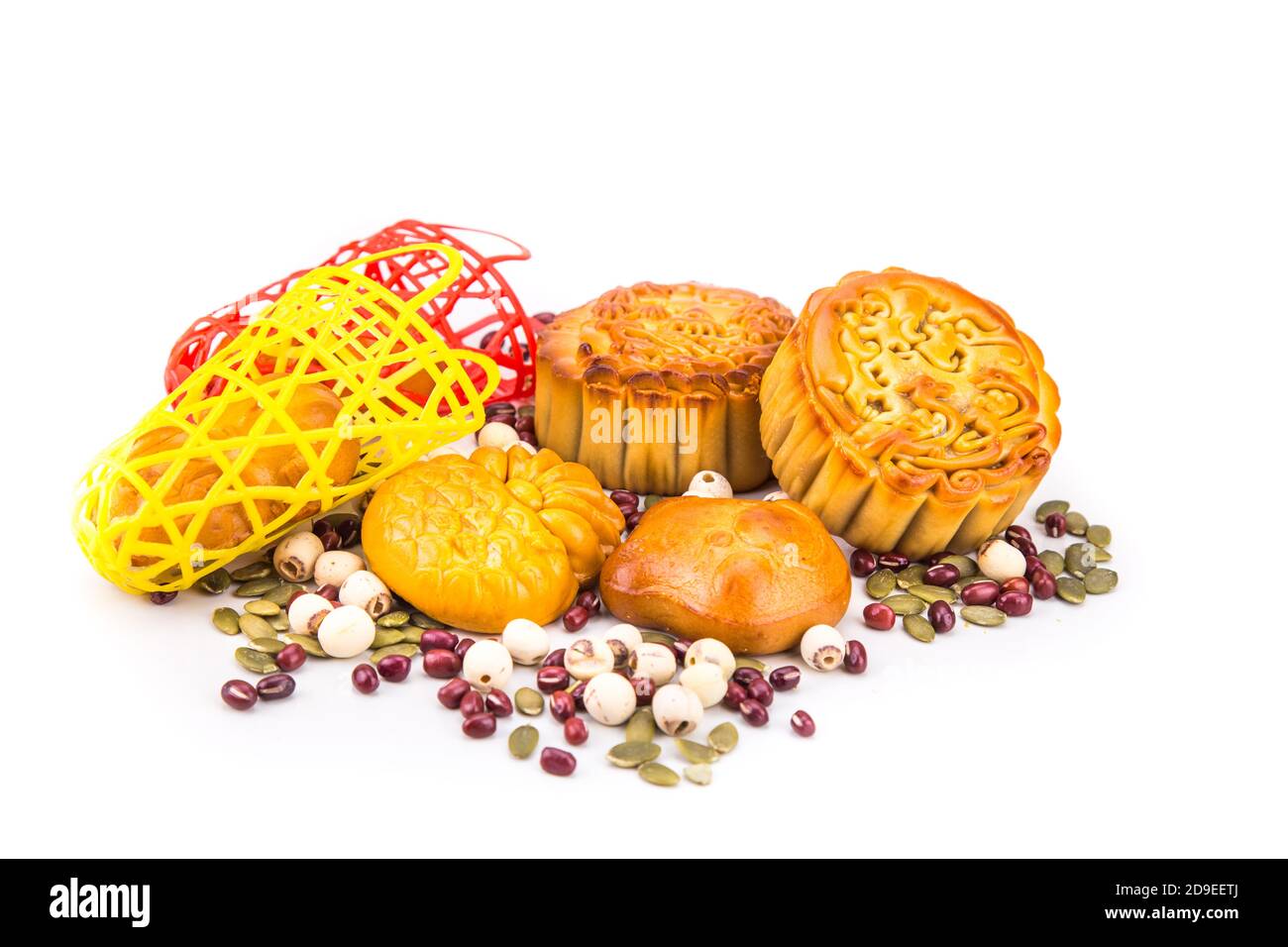 Mid Autumn festival Chinese mooncake with ingredients on white ...