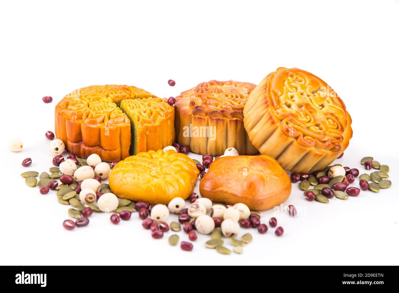 Mid Autumn festival Chinese mooncake with ingredients on white ...