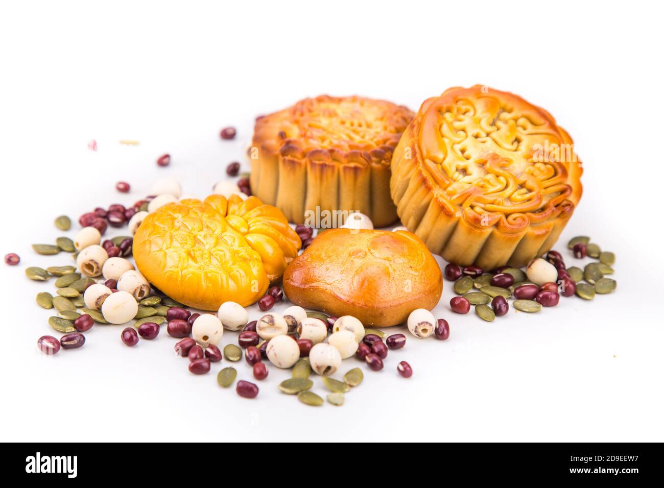Mid Autumn festival Chinese mooncake with ingredients on white ...