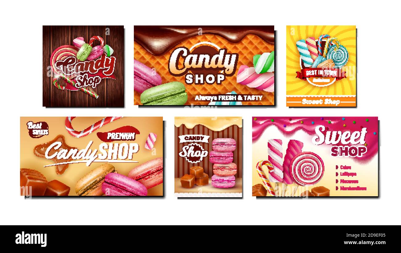 Candy Shop Creative Promotional Posters Set Vector Stock Vector Image ...