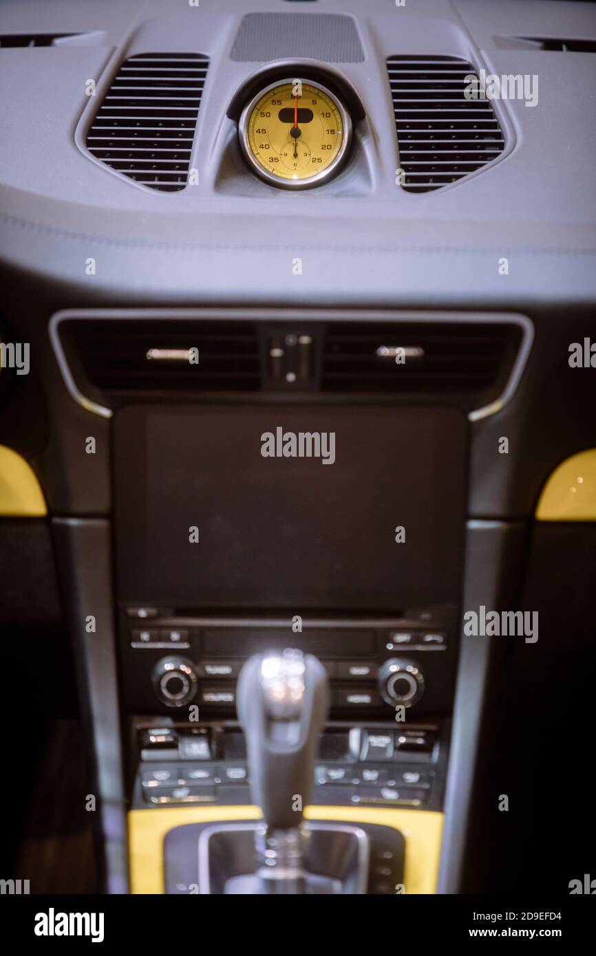 Close up shot of an exotic car central console on the dashboard Stock ...
