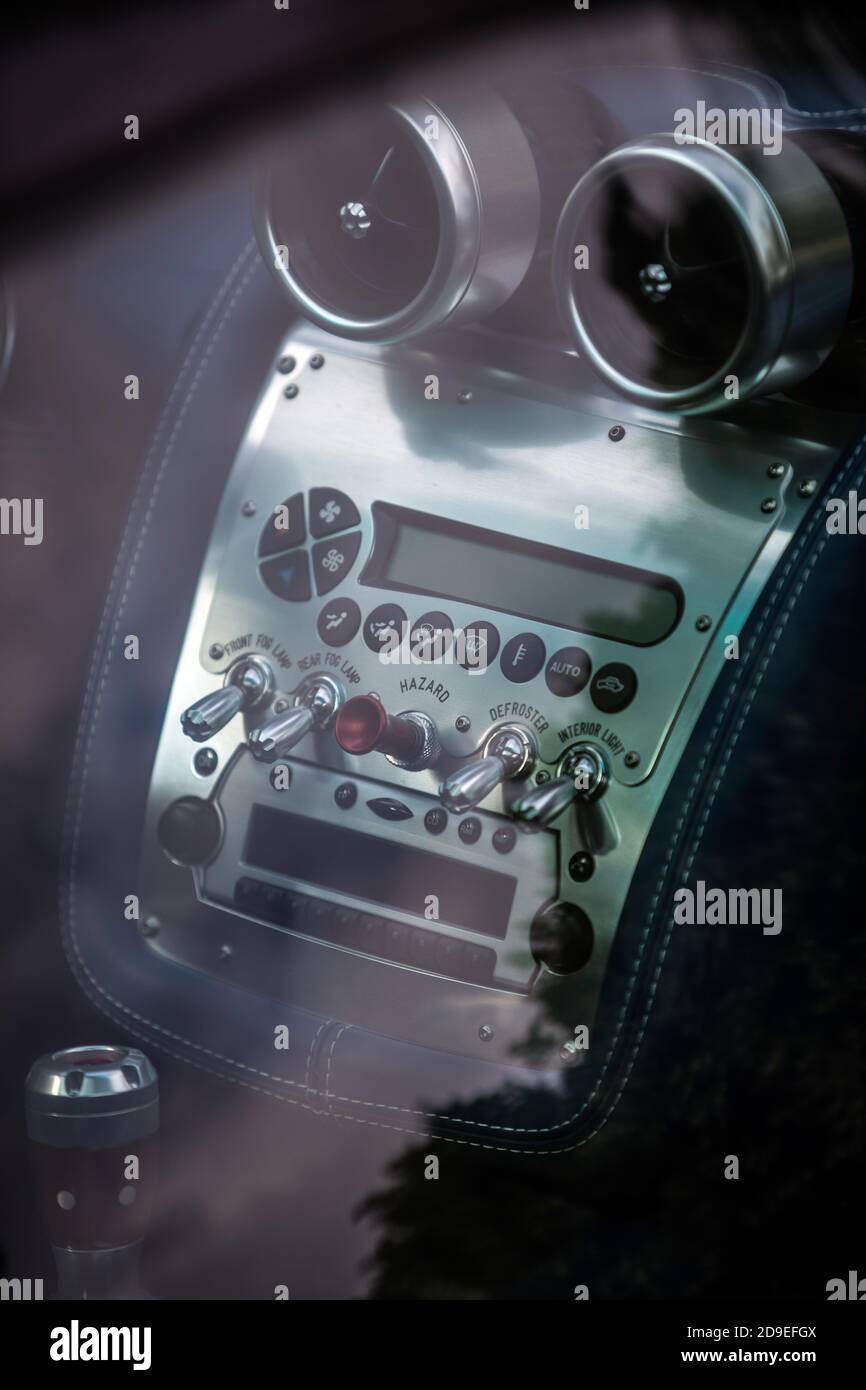 Close up shot of an exotic car central console on the dashboard Stock ...