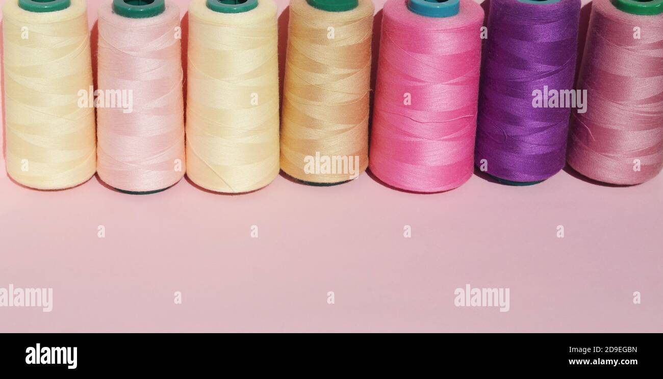 Sewing threads of different colors stand in a row on a pink background ...