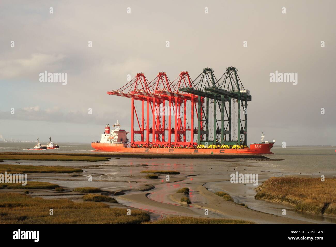 a big heavy load carrier ship with five gantry cranes navigates with ...