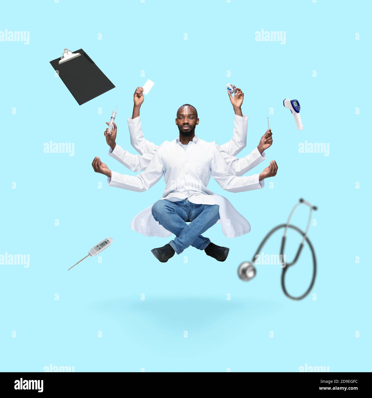 Handsome african doctor, multi-armed man levitating isolated on blue ...