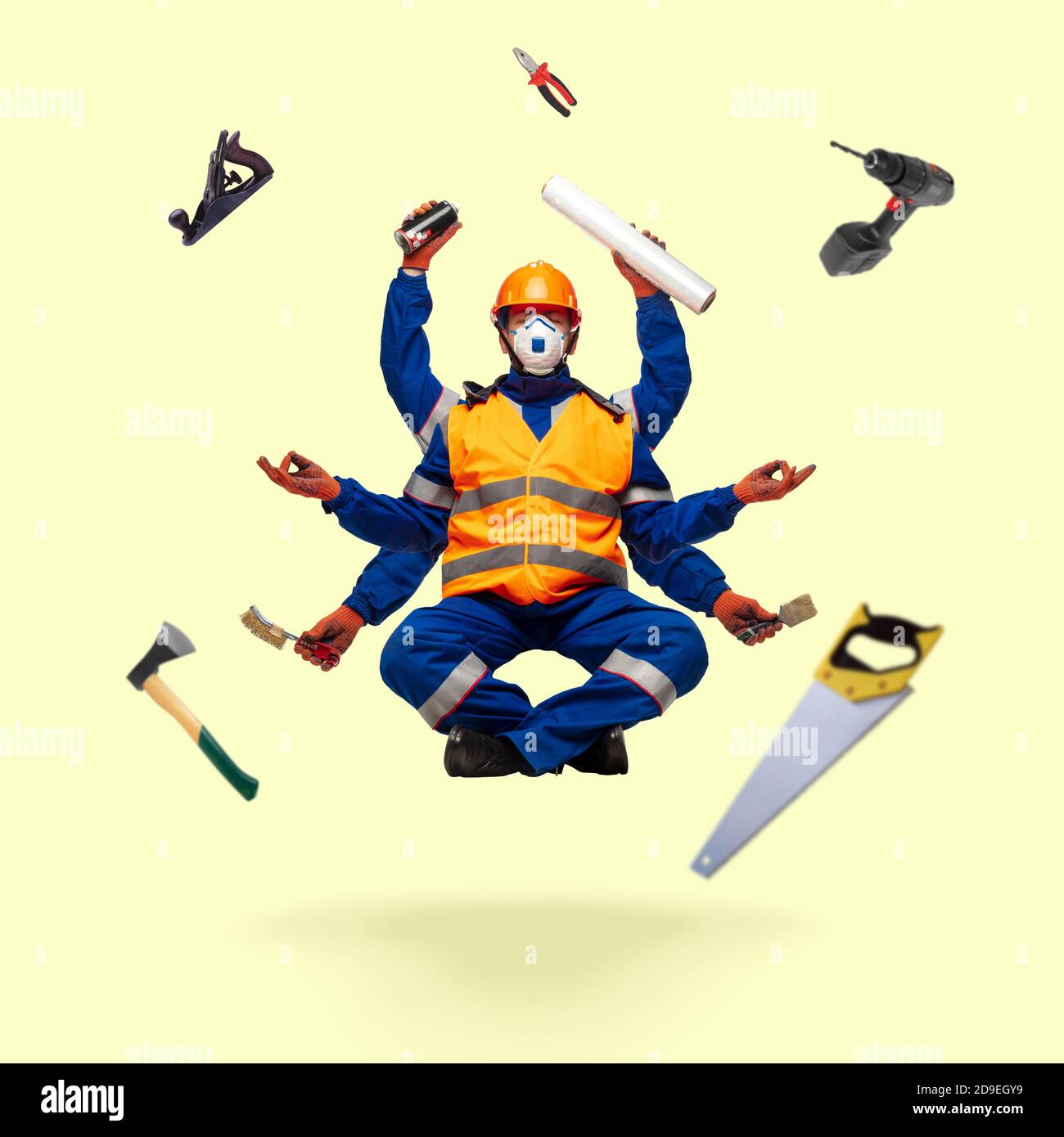 Handsome contractor, multi-armed builder levitating isolated on yellow ...