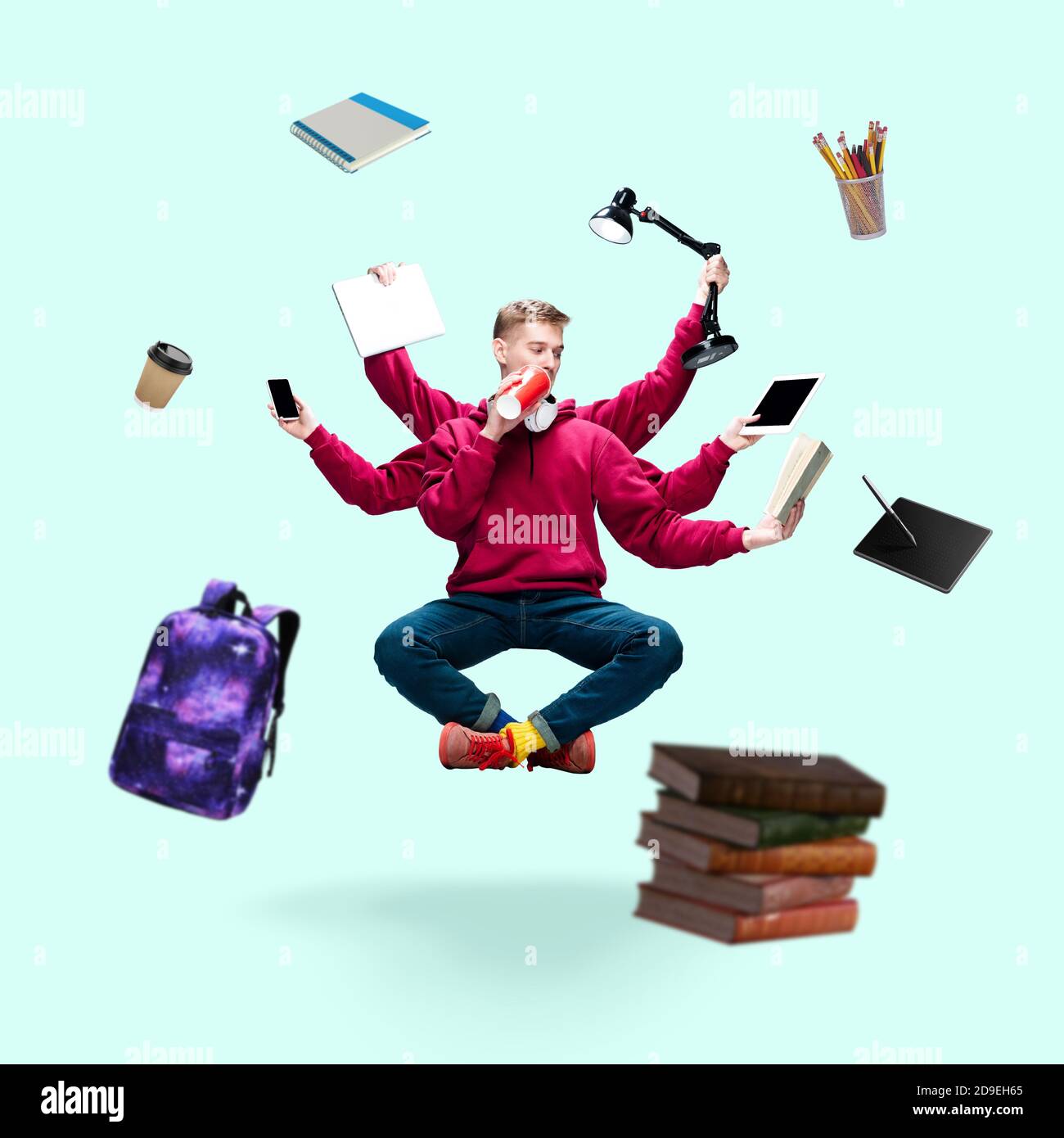 Handsome student, multi-armed man levitating isolated on blue studio ...