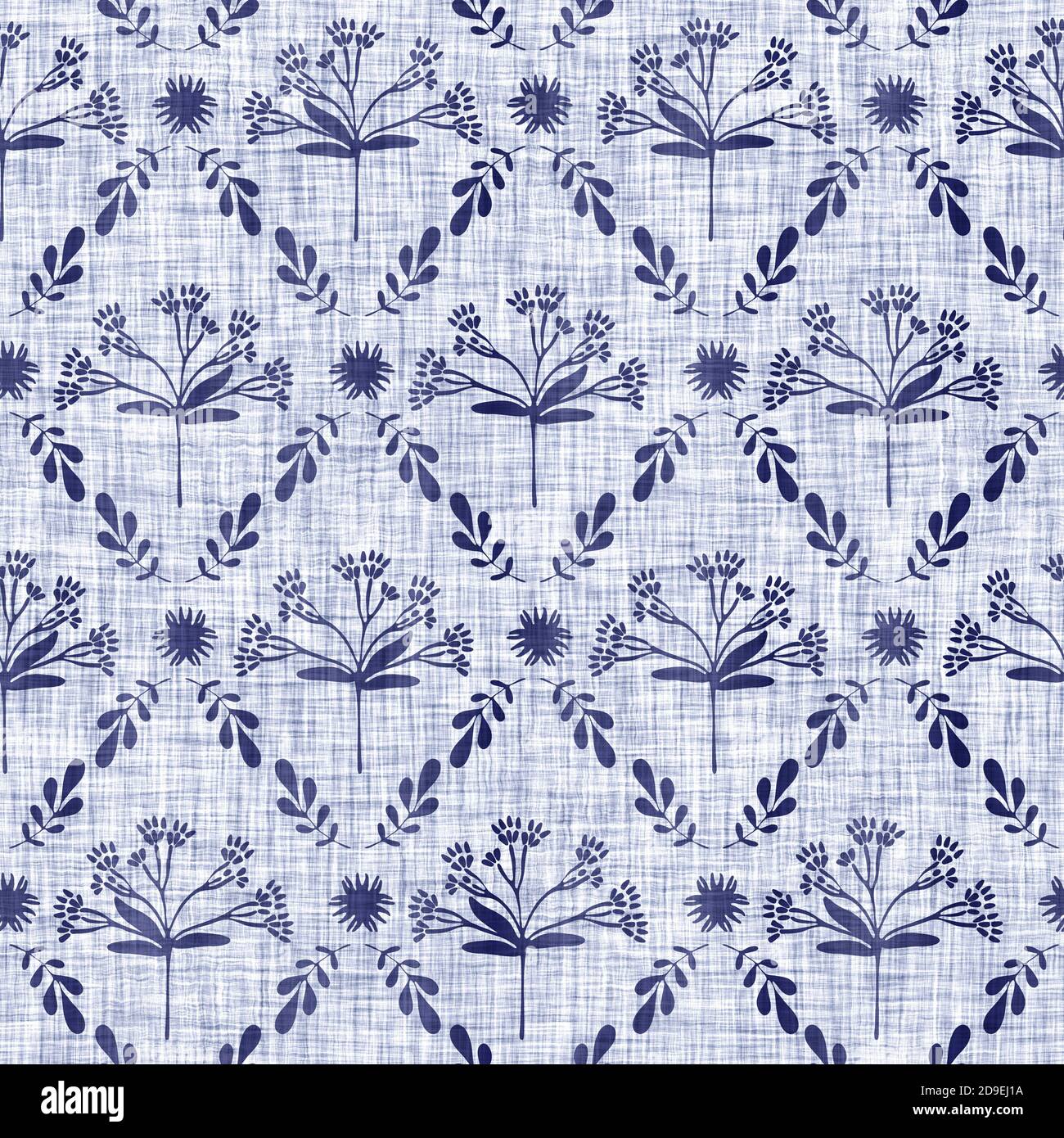 Indigo blue flower block print dyed linen texture background. Seamless ...