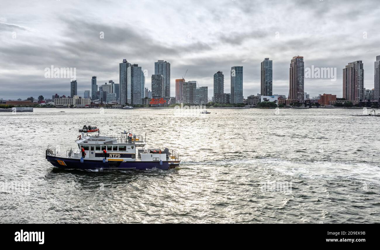 NEW YORK, USA - Sep 20, 2017: NYPD boat patrolling East River during ...