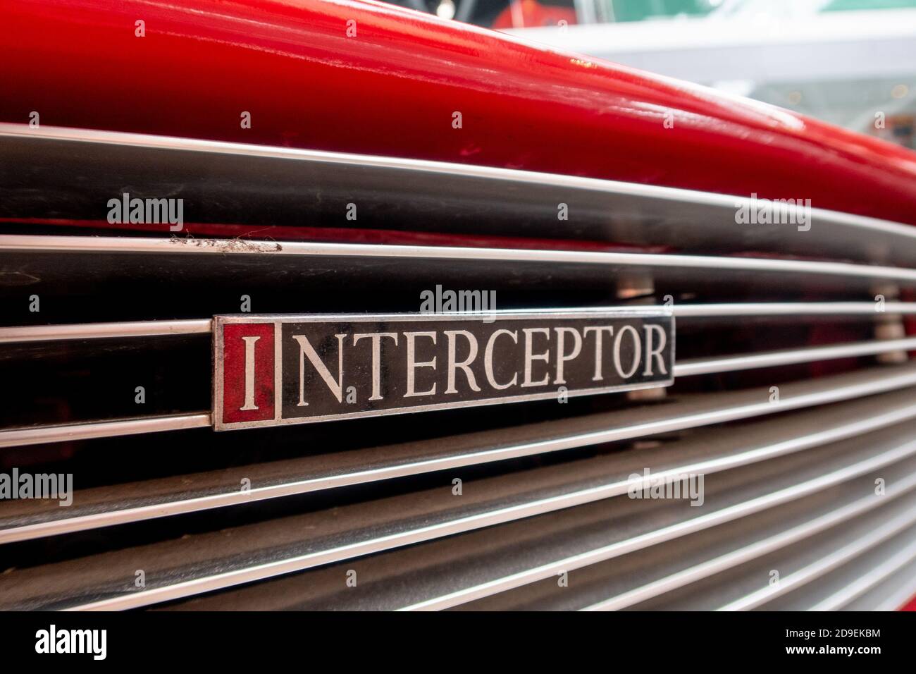 The model badge on the grill of a Jensen Interceptor on display at the ...
