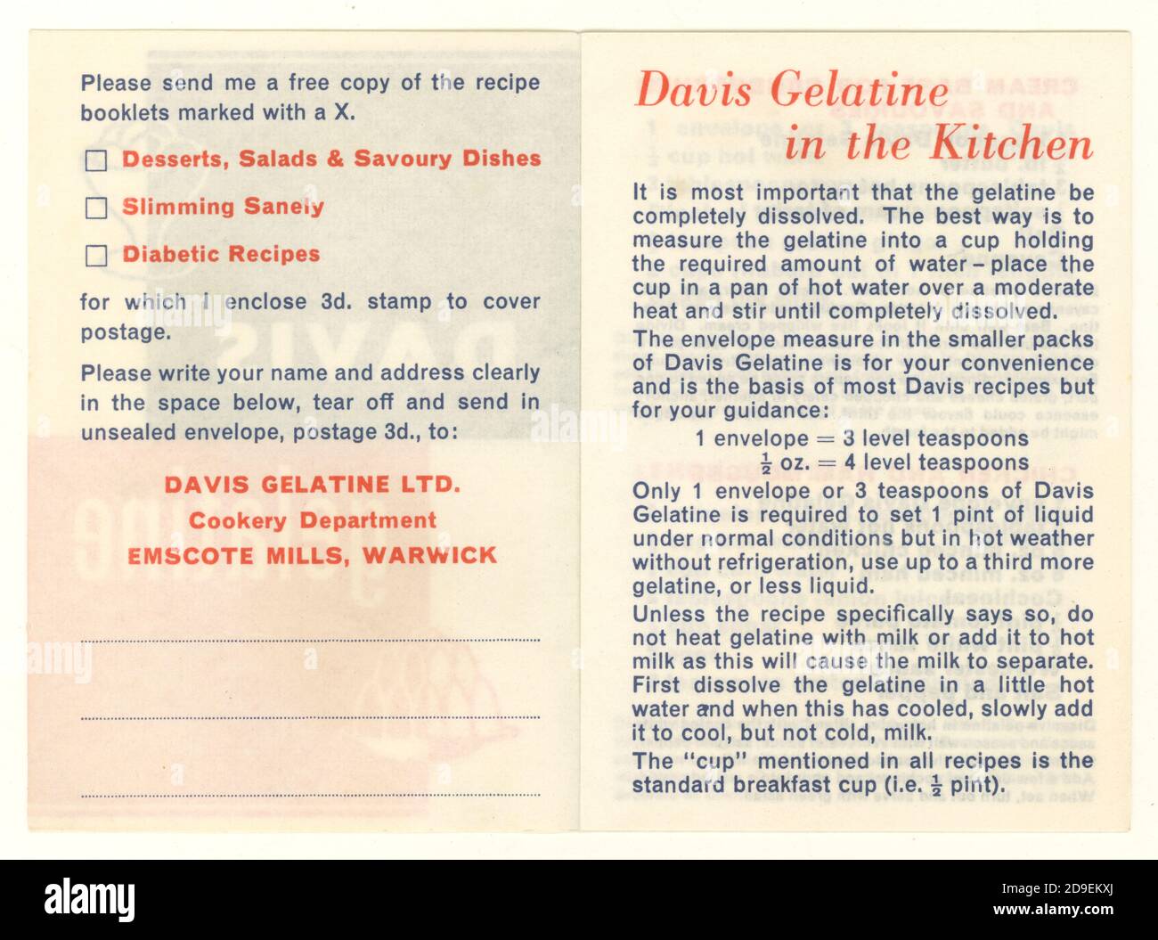 Vintage Davis Gelatine recipe leaflet, circa late 1950's, U.K Stock ...