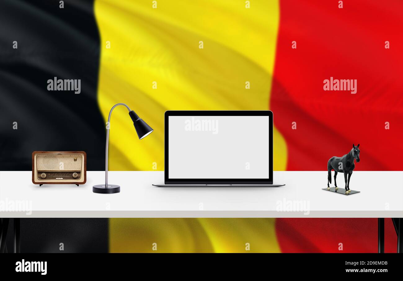 Belgium national flag background with workspace, desktop computer and ...