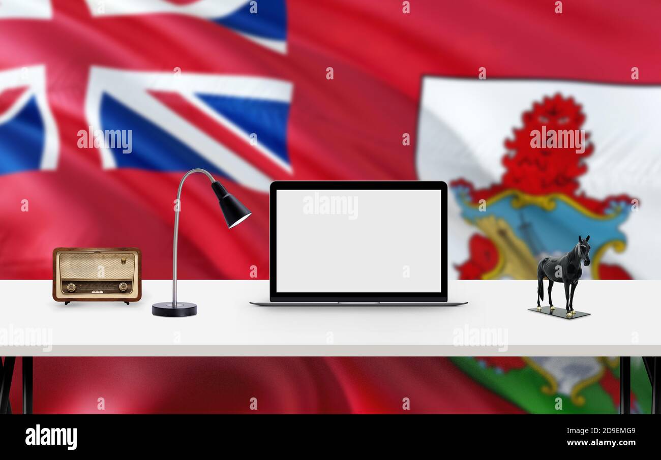 Bermuda national flag background with workspace, desktop computer and ...