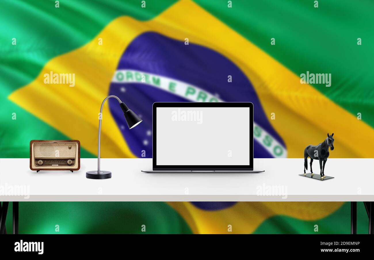 Brazil national flag background with workspace, desktop computer and ...