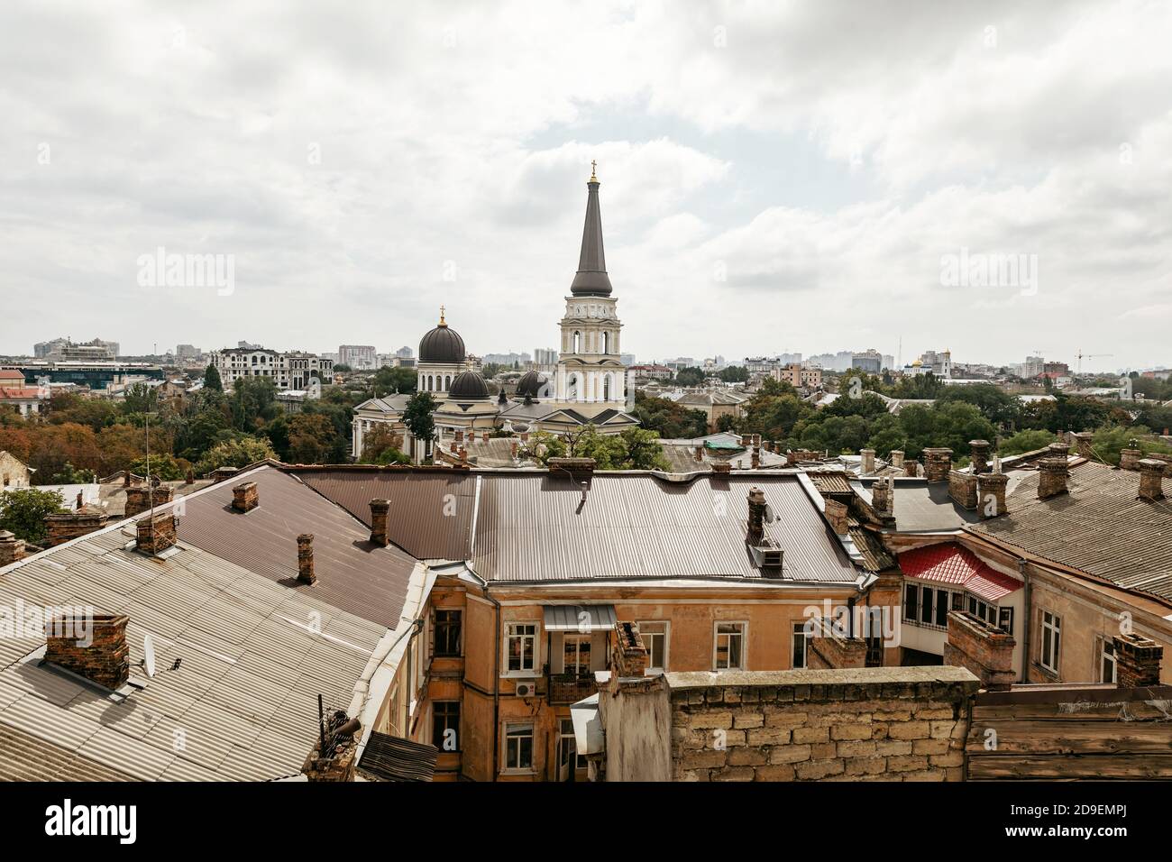 Odessa, Ukraine - Sep. 09, 2018: Aerial view of the roofs and old ...