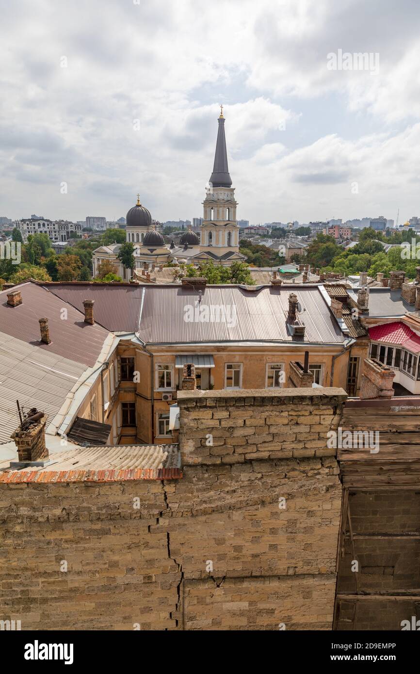 Odessa, Ukraine - Sep. 09, 2018: Aerial view of the roofs and old ...