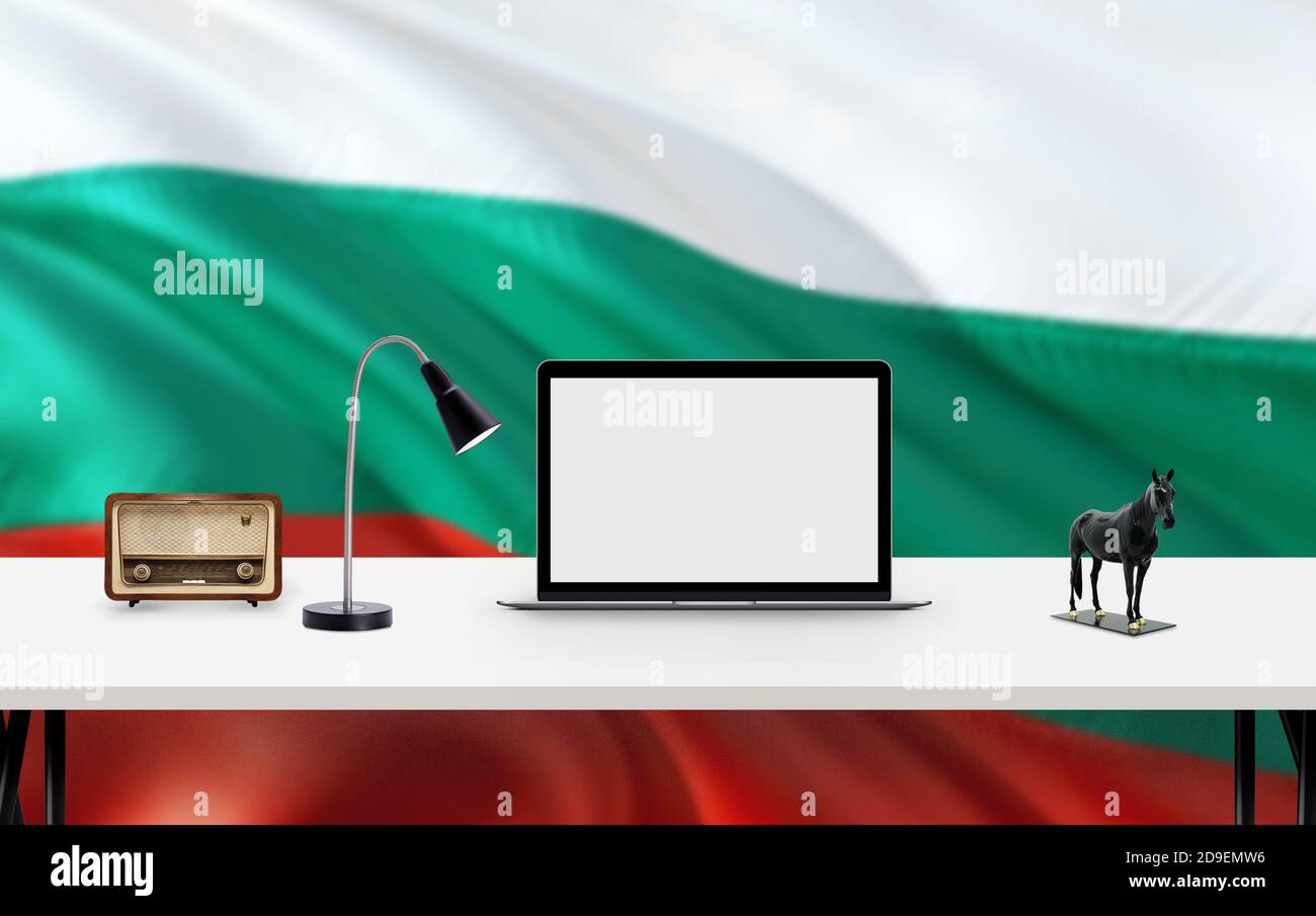 Bulgaria national flag background with workspace, desktop computer and ...