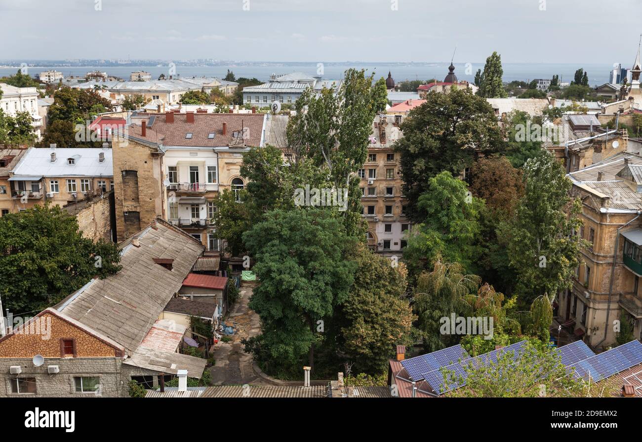 Odessa, Ukraine - Sep. 09, 2018: Aerial view of the roofs and old ...