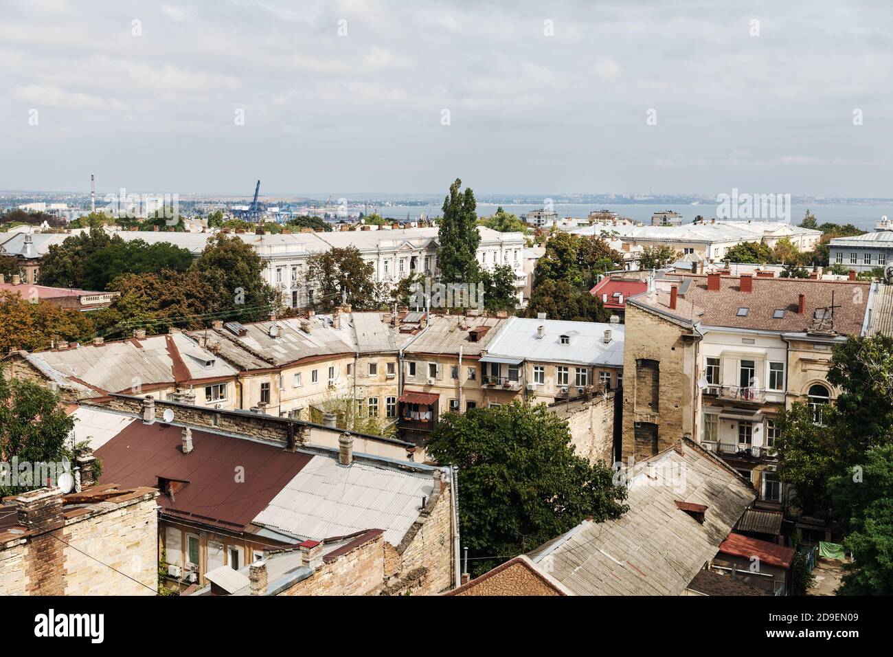 Odessa, Ukraine - Sep. 09, 2018: Aerial view of the roofs and old ...