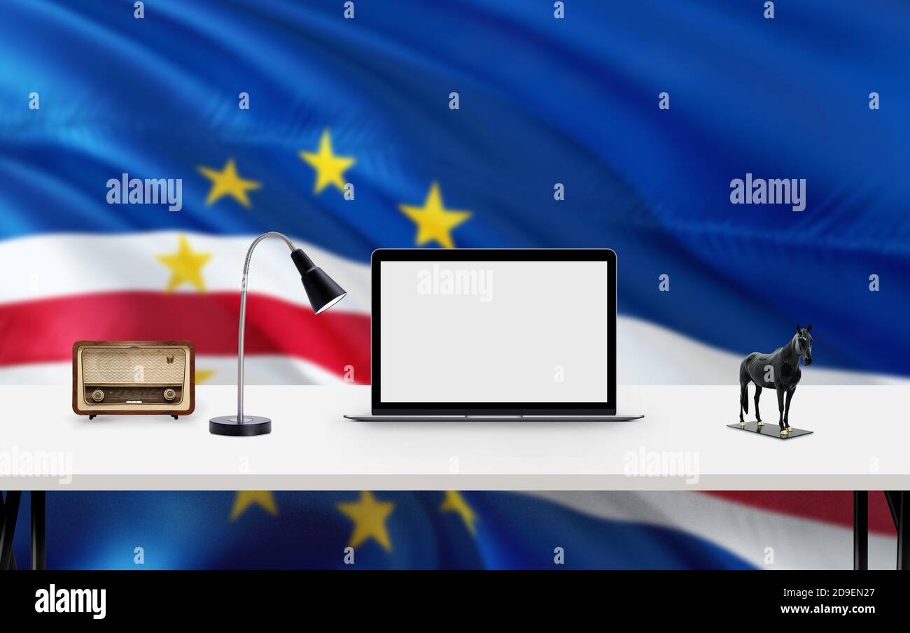 Cape Verde national flag background with workspace, desktop computer ...