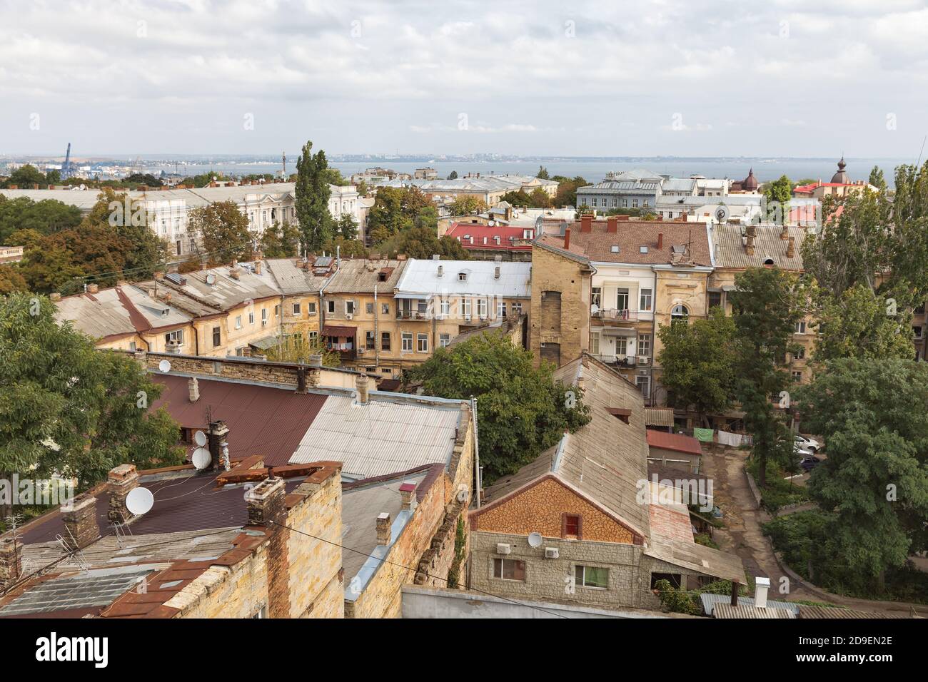 Odessa, Ukraine - Sep. 09, 2018: Aerial view of the roofs and old ...
