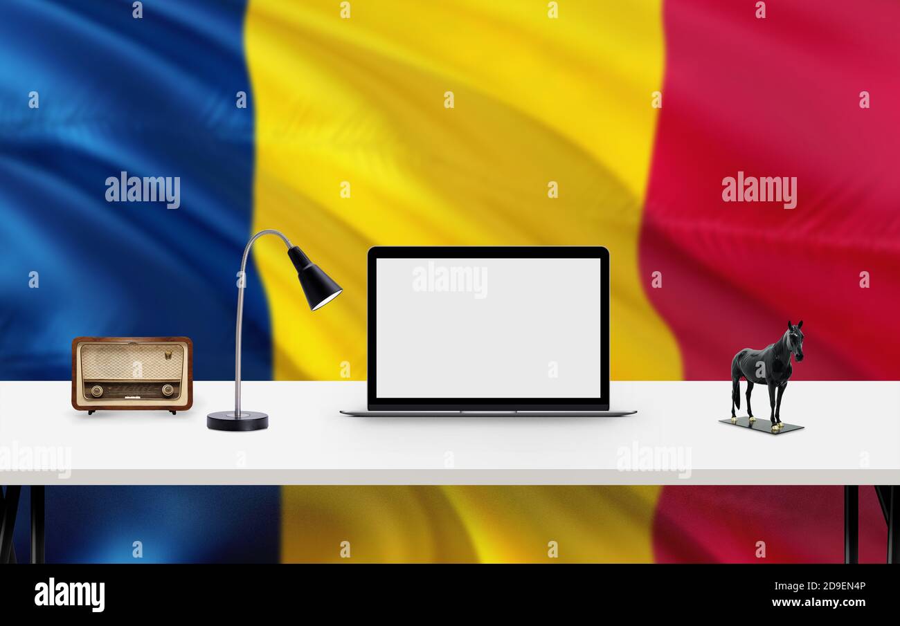 Chad national flag background with workspace, desktop computer and ...
